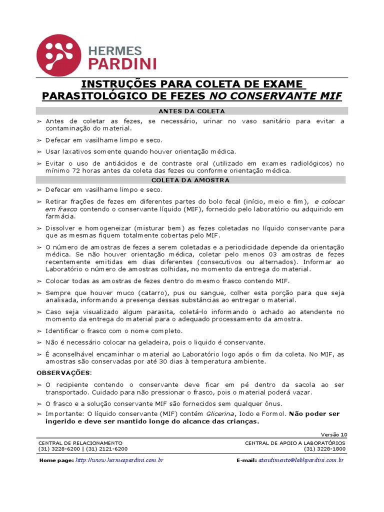 Instrucoes para Coleta de Exame Parasitologico de Fezes No Conservante Mif PDF | PDF | Natureza ...