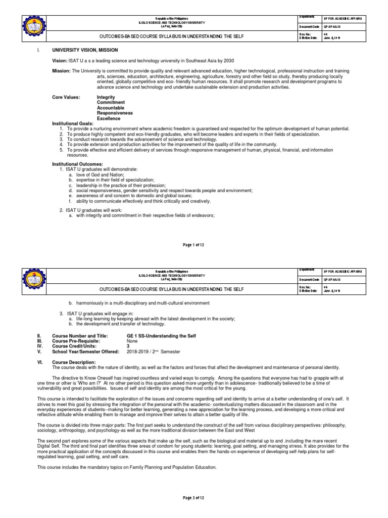 Understanding The Self Course Syllabus PDF | PDF | Self | Identity ...