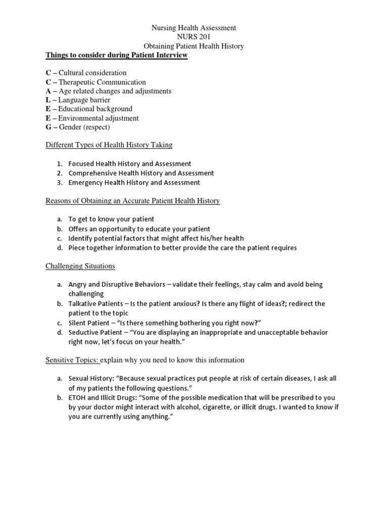 Obtaining a Comprehensive Patient Health History | PDF | Patient | Nursing