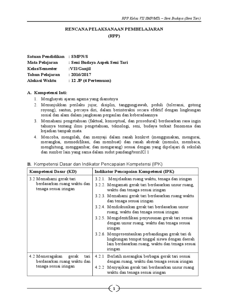 RPP Seni Tari 01 | PDF