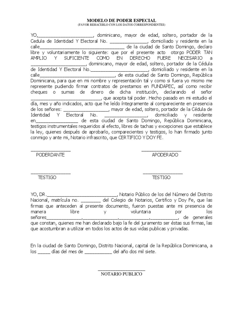 Modelo de Poder Notarial Especial | PDF | República Dominicana | Gobierno