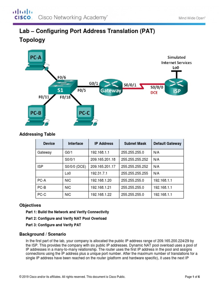 9.2.3.7 Lab - Configuring Port Address Translation (PAT) TAREA | PDF | Ip Address | Router ...