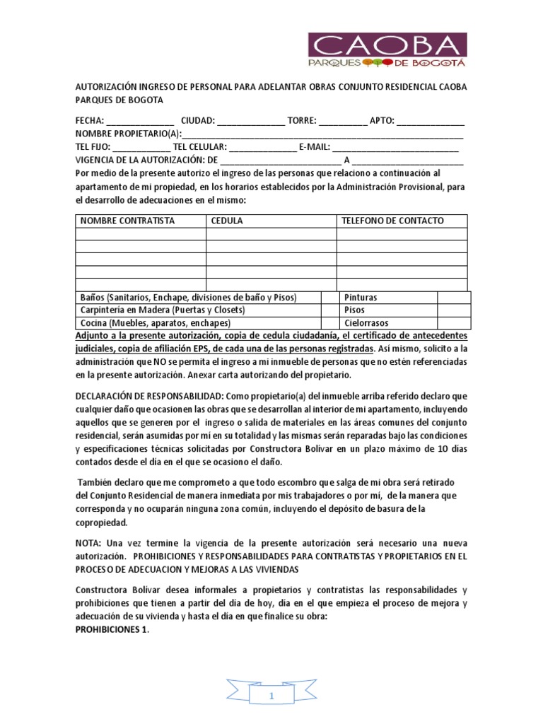 Formato Autorizacion Ingreso Contratista | PDF | Naturaleza