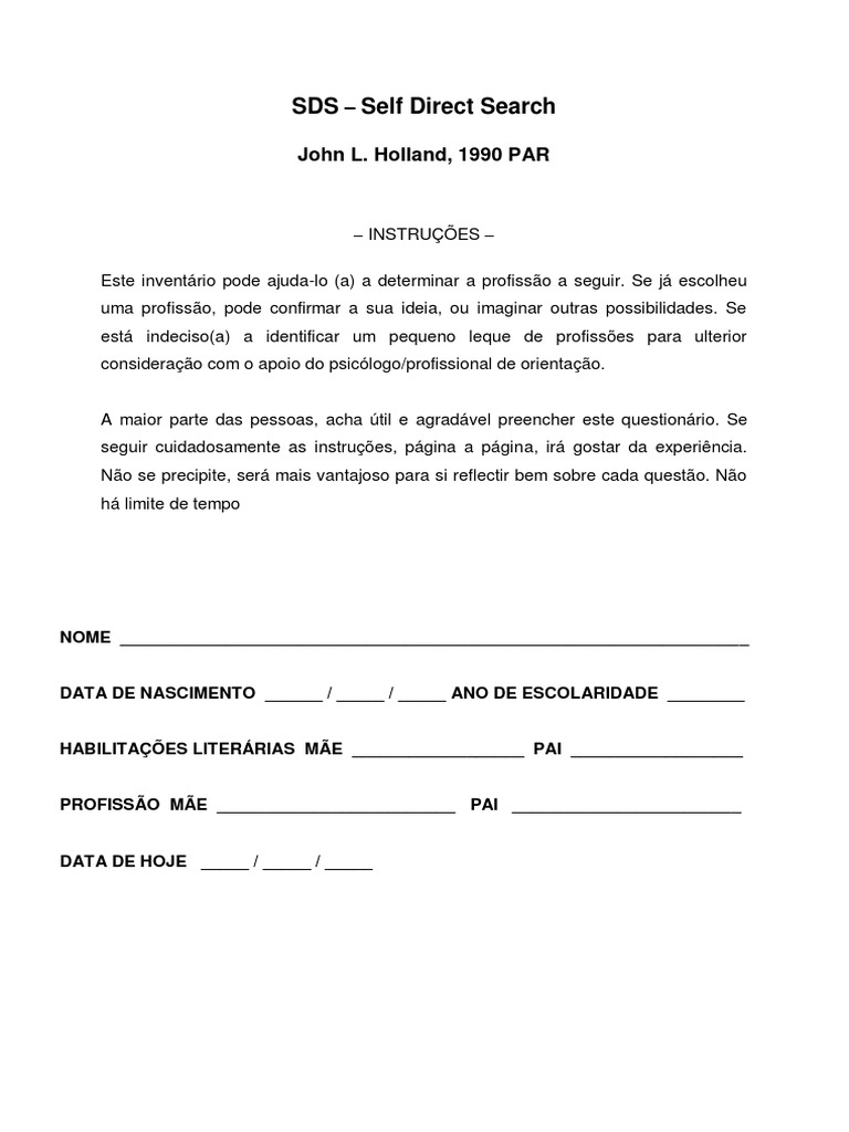 SDS Self Direct Search: - John L. Holland, 1990 PAR | PDF | Science ...