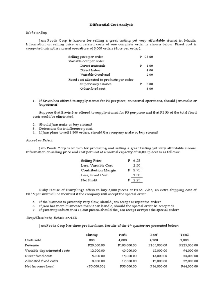 MAS Handout CH4 DiffCostAna | PDF | Cost | Business Economics