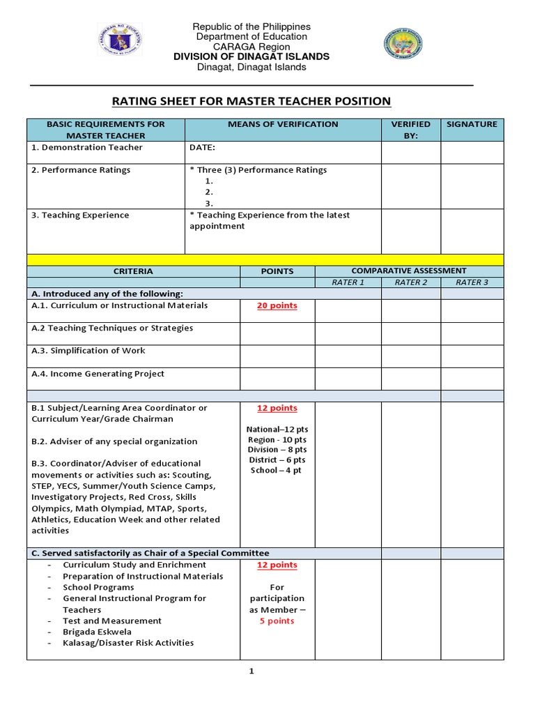 Rating Sheet For Master Teacher Position | PDF | Curriculum | Behavior ...