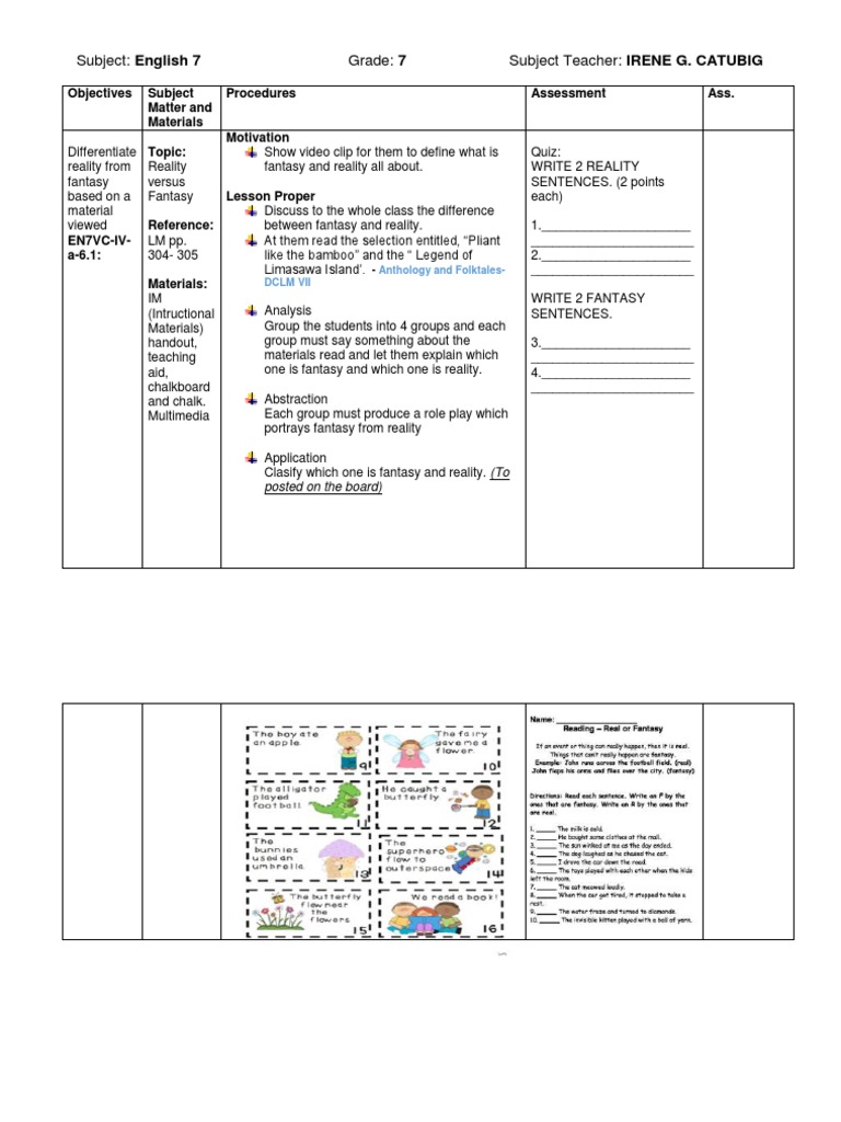 Subject: English 7 Grade: 7 Subject Teacher: IRENE G. CATUBIG | PDF