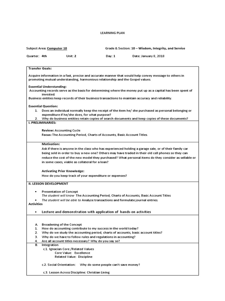 Lesson Plan Accounting 11 | PDF | Expense | Accounting