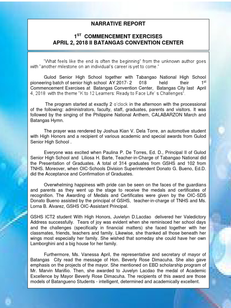 1st Commencement Exercises Narrative Report With Design | PDF