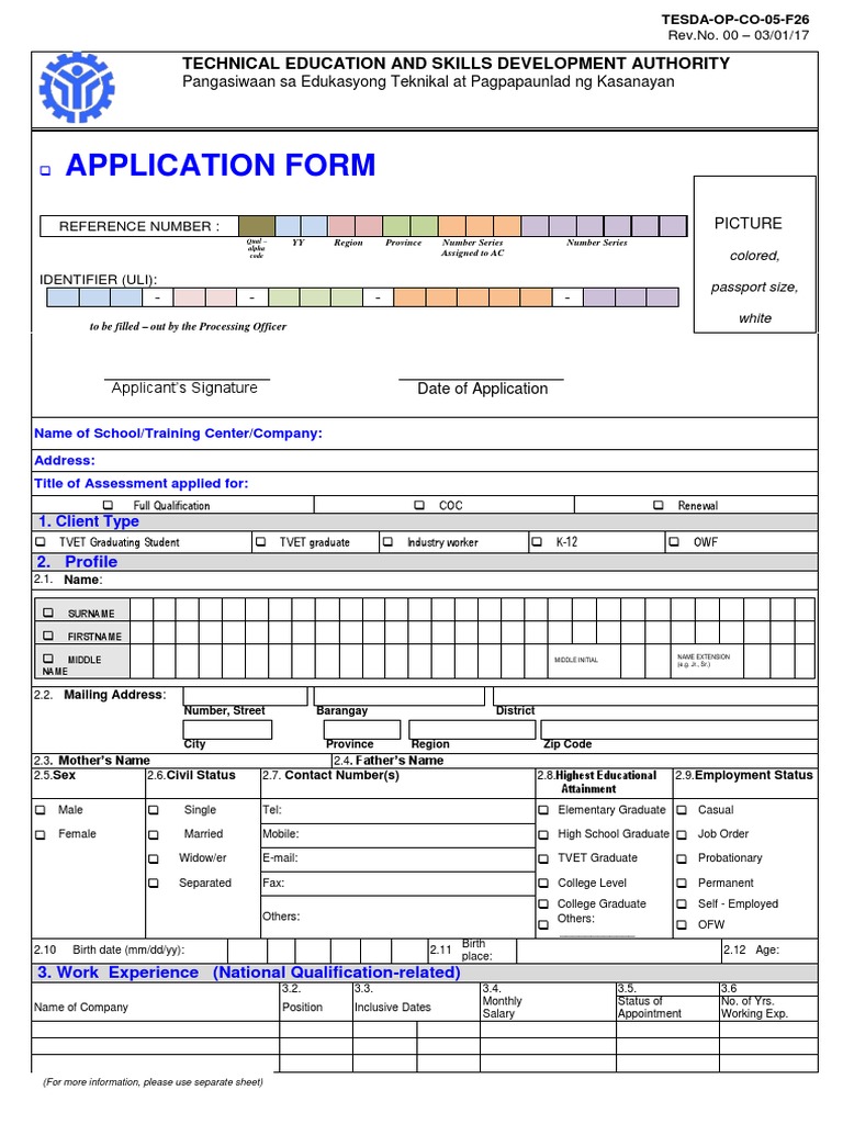 TESDA Application Forms Rev. No. 00-03 - 01 - 17 | PDF | Learning ...