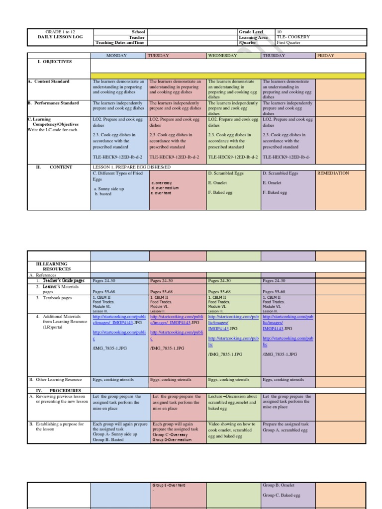 DLL TLE Cookery Grade10 Quarter1 Week4 (Palawan Division) | PDF | Egg ...