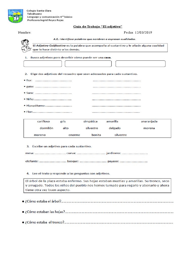 Guía de Trabajo 4° Basico El Adjetivo | PDF