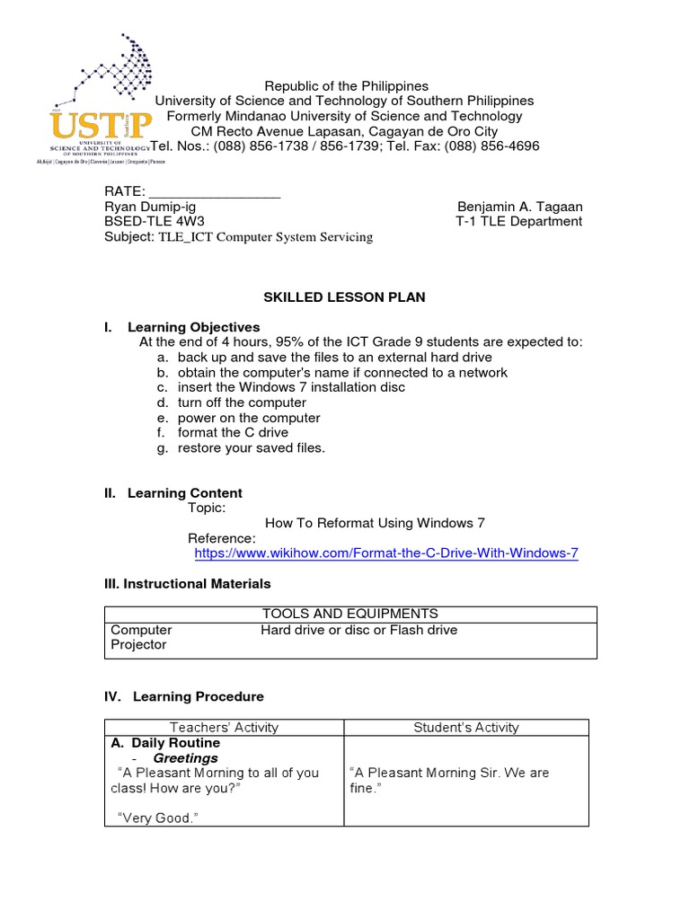 How To Reformat Using Windows 7: A Skilled Lesson Plan for ICT Grade 9 ...