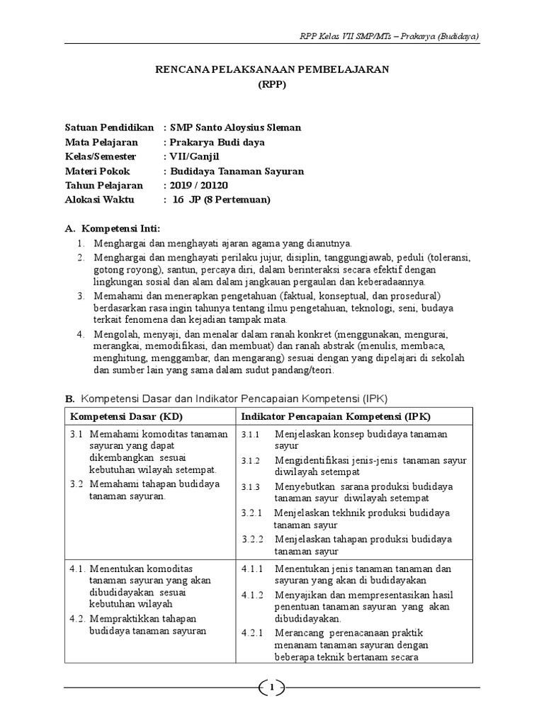 Contoh RPP Prakarya Kelas 7 | PDF | Sains & Matematika