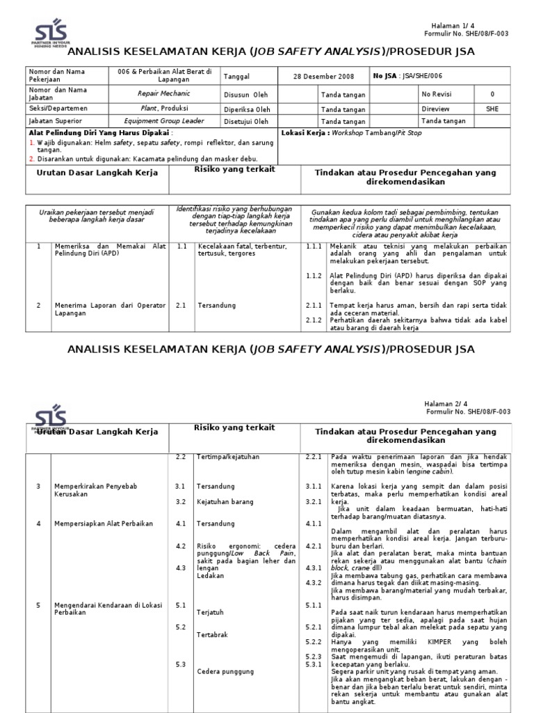 6 JSA Perbaikan Alat Produksi Di Lapangan 181009 | PDF