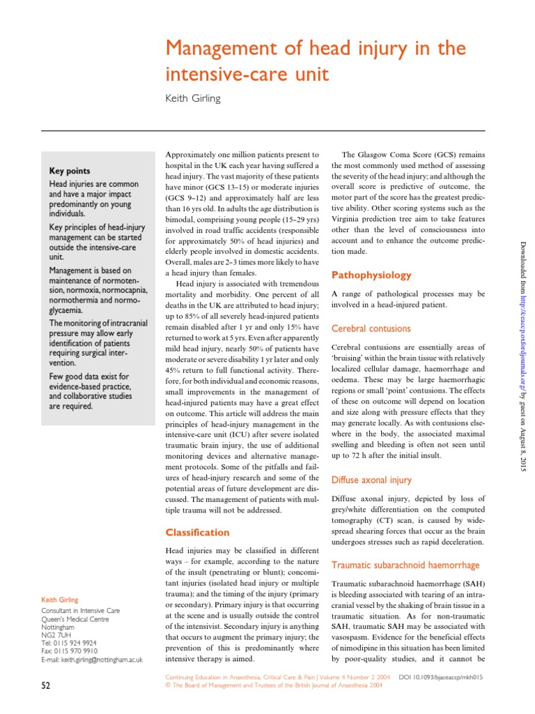 Management of Head Injury in The ICU | PDF | Traumatic Brain Injury ...