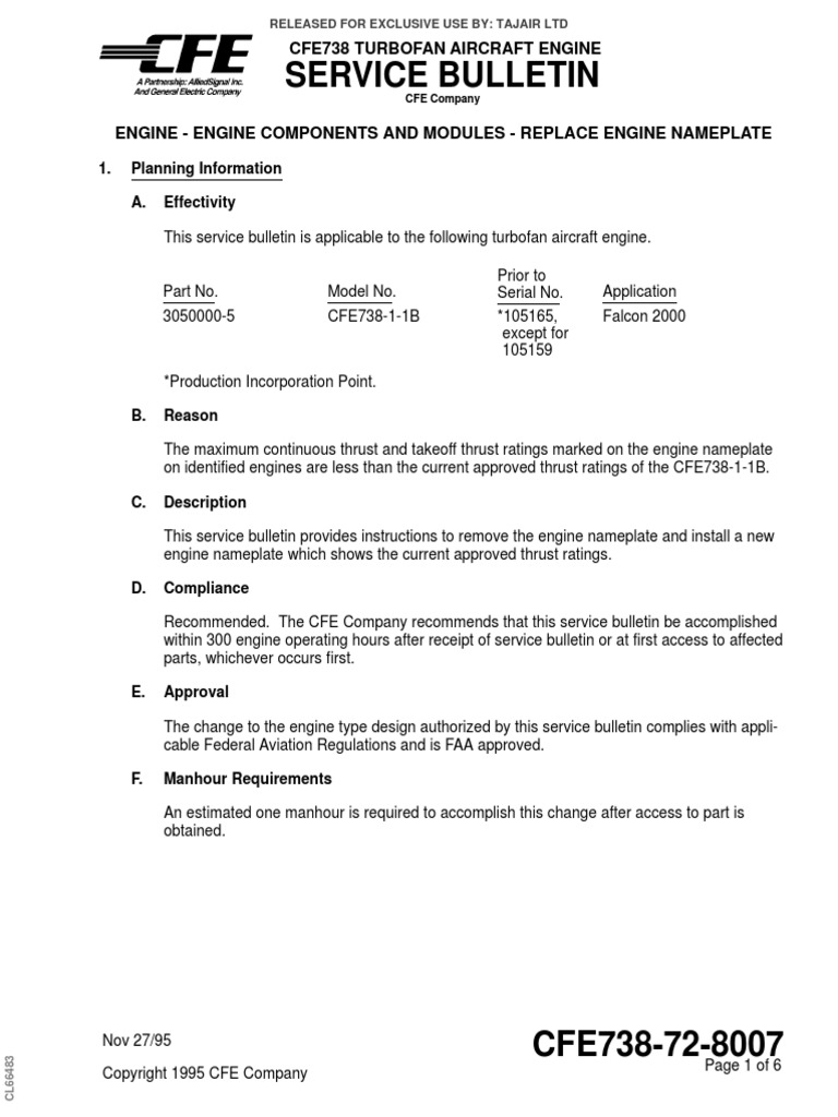 Service Bulletin: Cfe738 Turbofan Aircraft Engine | PDF | Rivet | Engines