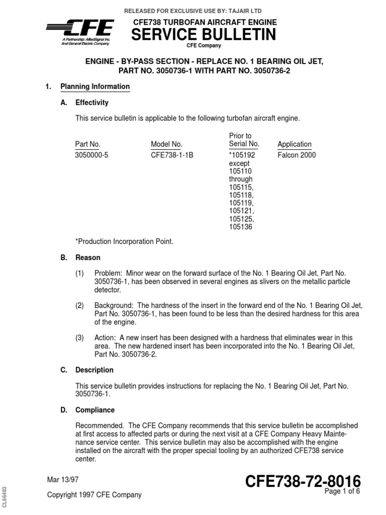 Service Bulletin: Cfe738 Turbofan Aircraft Engine | PDF | Aircraft ...