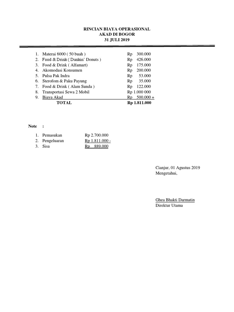 Contoh Rincian Biaya Operasional | PDF