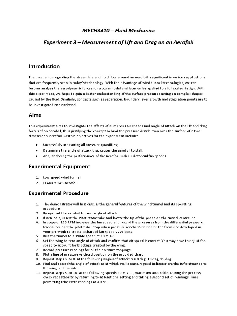 MECH3410 Lab Report | PDF | Airfoil | Drag (Physics)