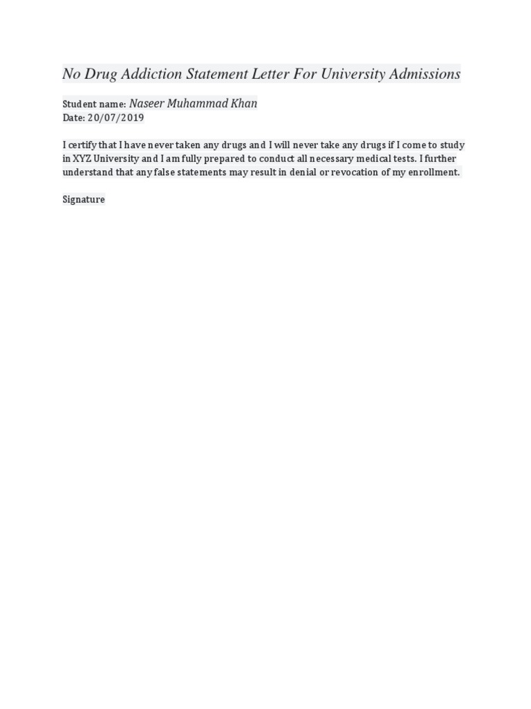 No Drug Addiction Statement Letter | PDF