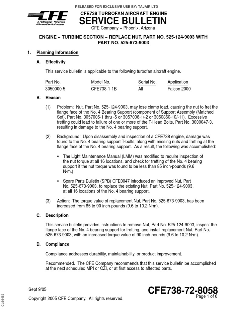 Service Bulletin: Cfe738 Turbofan Aircraft Engine | PDF | Turbine | Engines