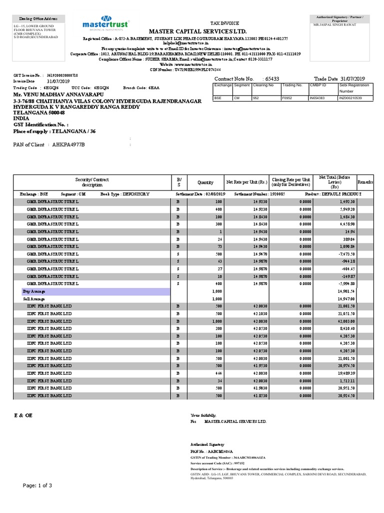 Master Capital Services LTD.: 31/07/2019 Trade Date 65433 Contract Note ...