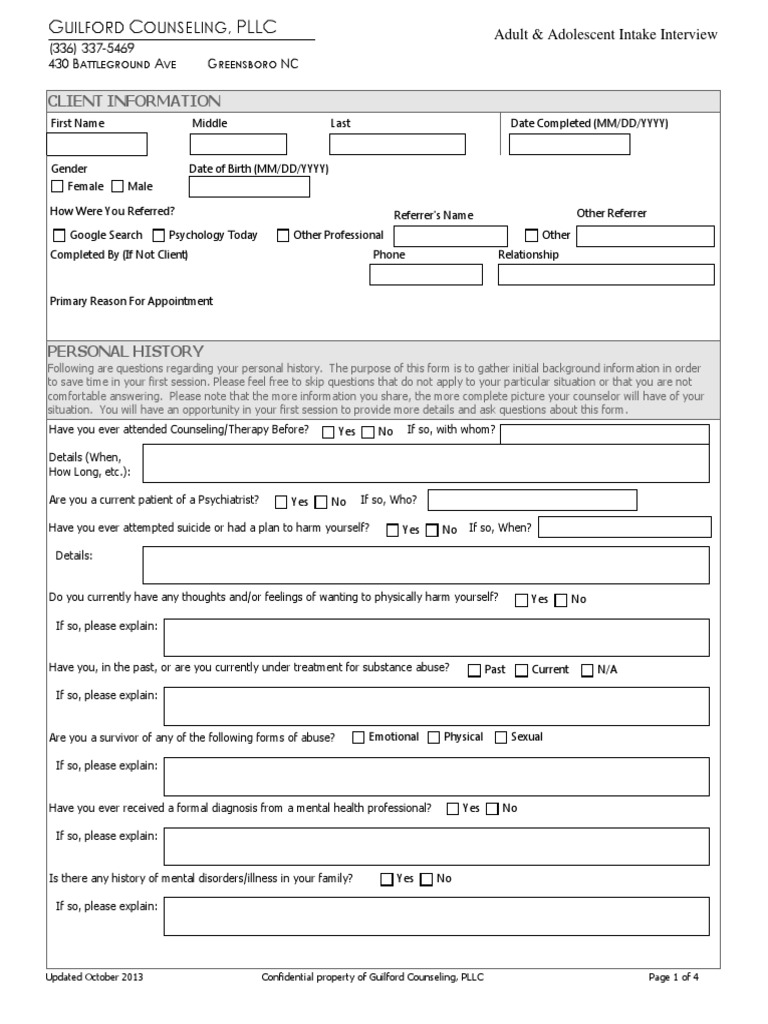 Adult and Adolescent Intake Interview | PDF | Psychotherapy ...