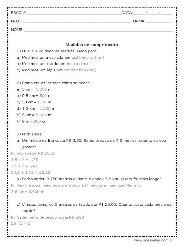 Atividade de Matematica Medidas de Comprimento 4º Ou 5º Ano Respostas | PDF