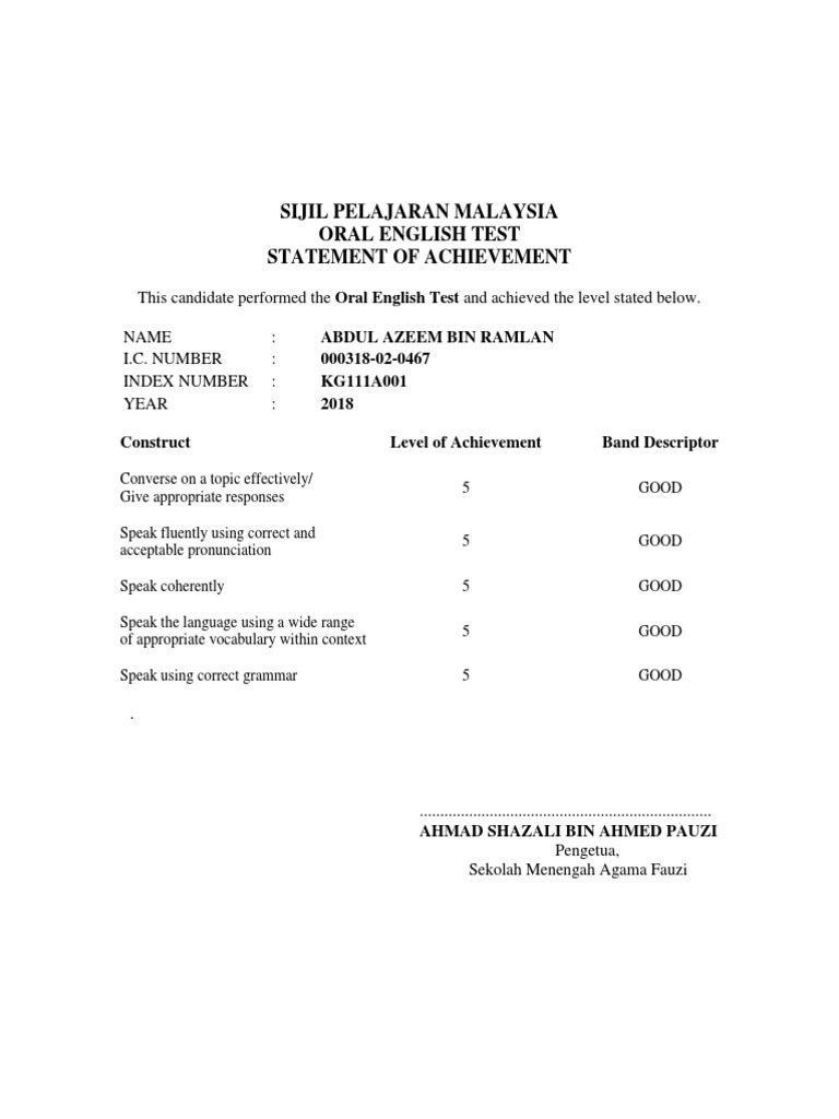SPM Oral English Test Results | PDF | English Language | Languages