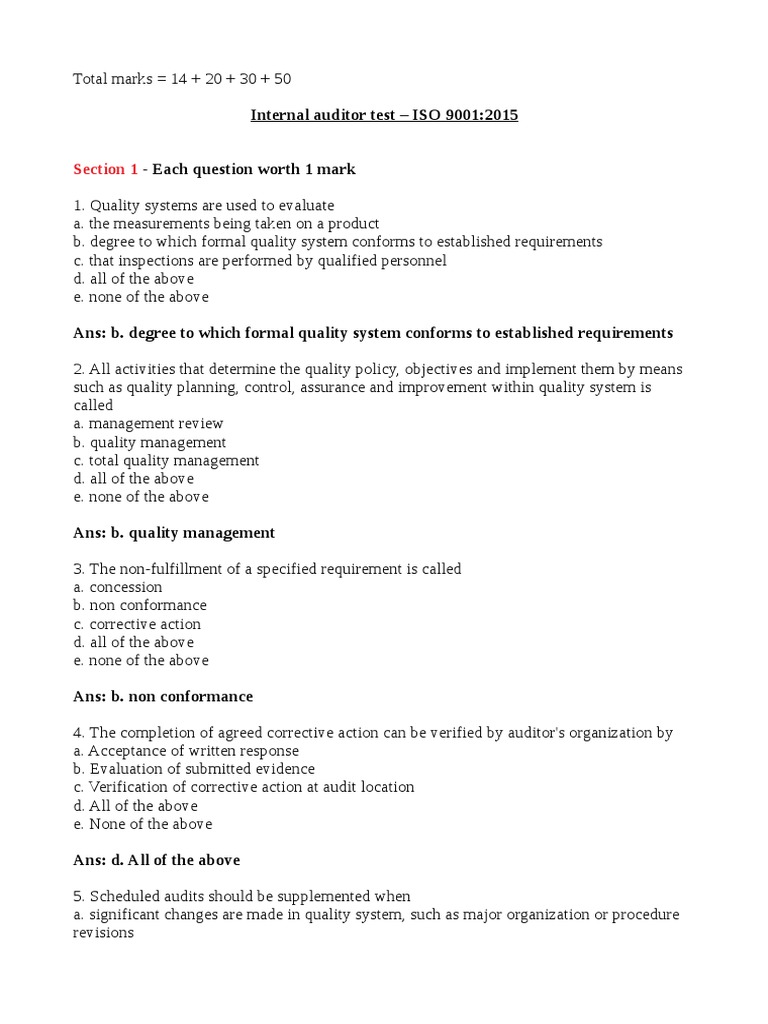 ISO 2015 Int Auditor Test | PDF | Internal Audit | Audit