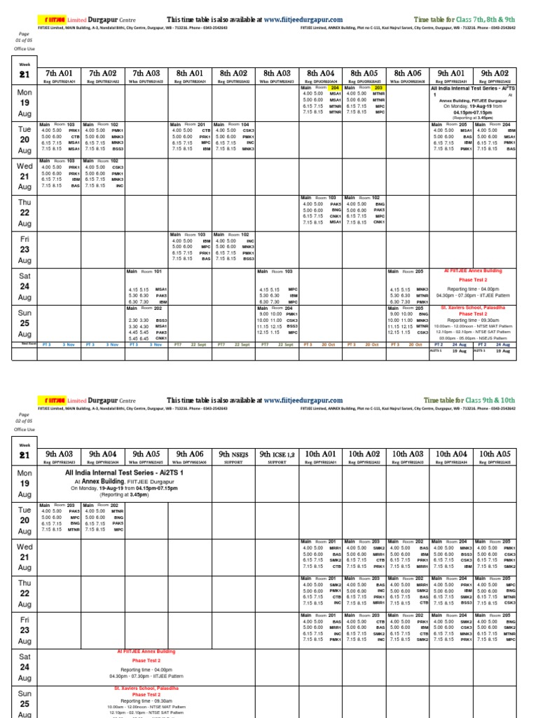 FIITJEE Durgapur timetable for classes 7-9 | PDF | Business