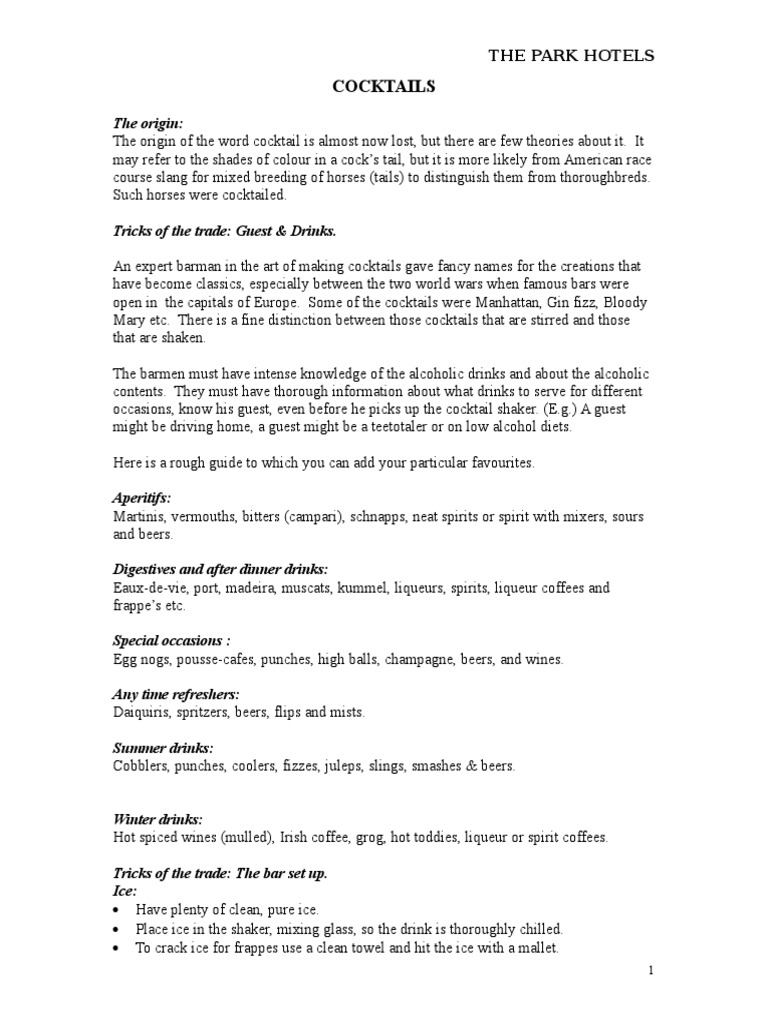 Handout On Cocktails | PDF | Cocktails | Bartending