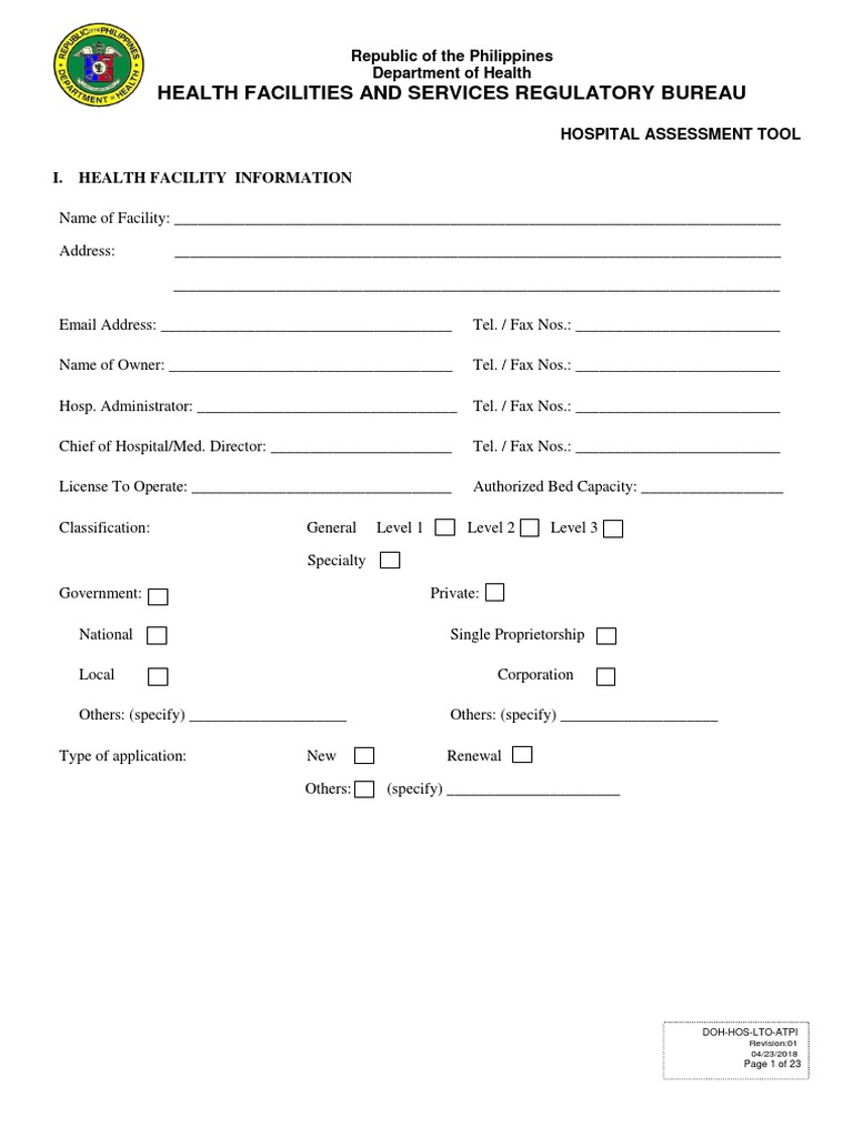 DOH Assessment Tool for Level 1 Hospitals | PDF | Hospital | Surgery