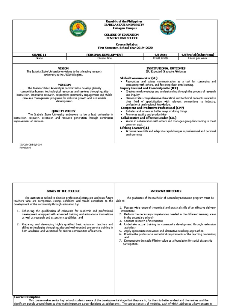 Perdev Syllabus | PDF | Developmental Psychology | Adolescence