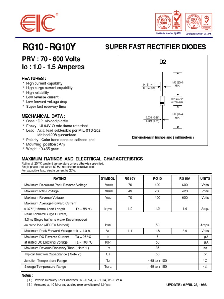 RG10 - RG10Y: Super Fast Rectifier Diodes PRV: 70 - 600 Volts Io: 1.0 ...