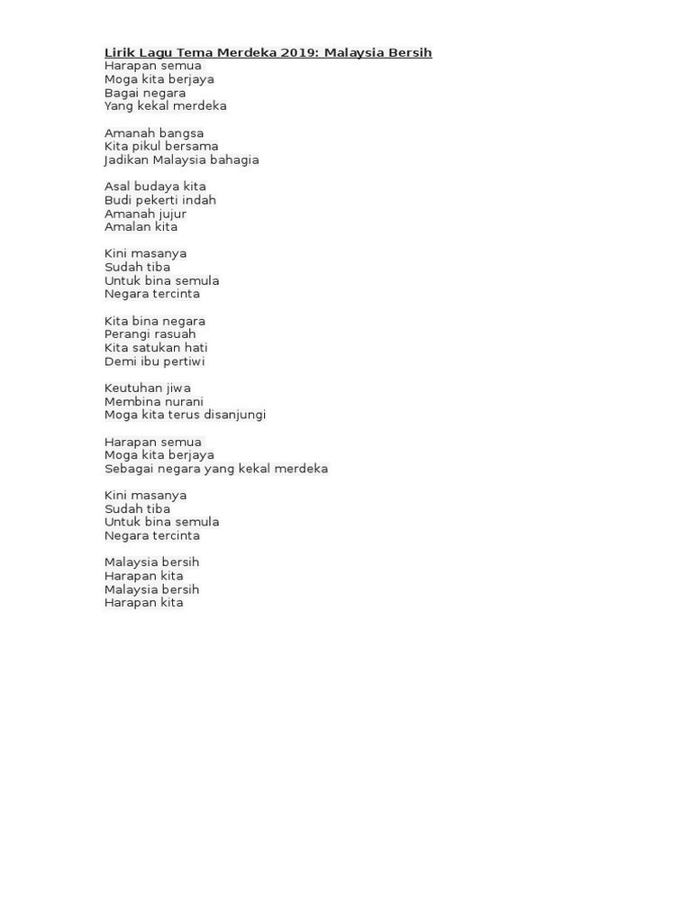 Lirik Lagu Tema Merdeka 2019 | PDF