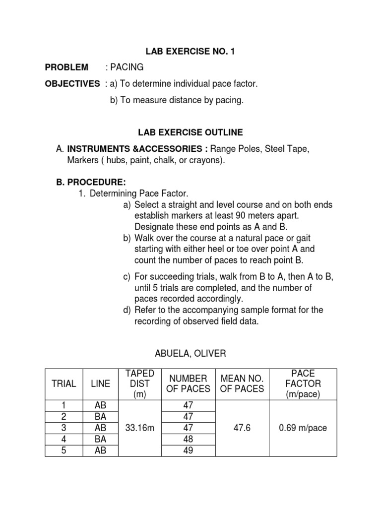 Lab Exercise No. 1 Problem: Pacing OBJECTIVES: A) To Determine Individual Pace Factor | Download ...