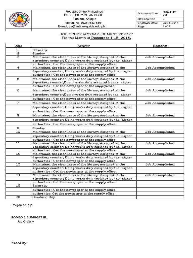 Job Order Accomplishment Report For The Month of December 1-15, 2018 ...