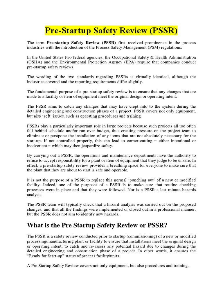 Pre-Startup Safety Review (PSSR) | PDF | Occupational Safety And Health Administration | Safety