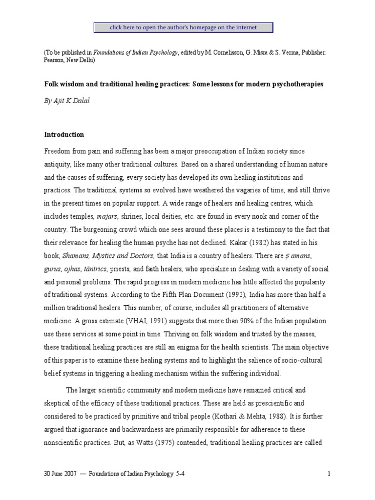 Folk Wisdom and Traditional Healing Practices: Some Lessons For Modern ...
