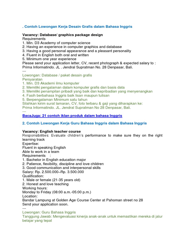 Contoh Iklan Lowongan Kerja Dalam Bahasa Inggris