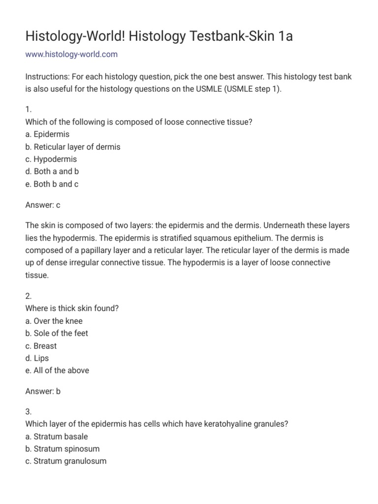 Histology-World! Histology Testbank-Skin 1a | PDF | Skin | Epidermis