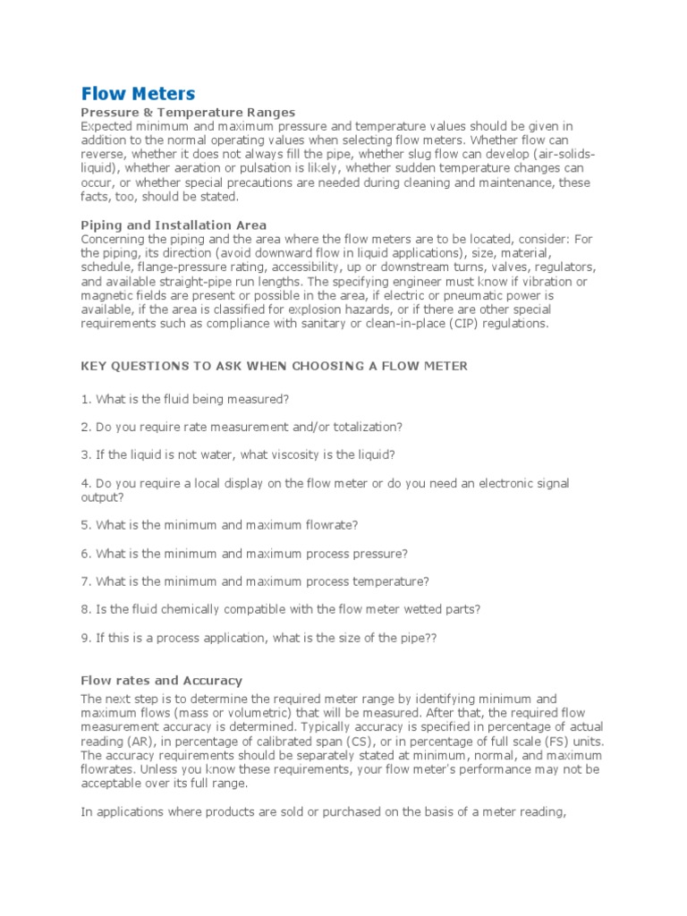 Flow Measurement PR & Temp Ranges | PDF | Flow Measurement | Fluid Dynamics