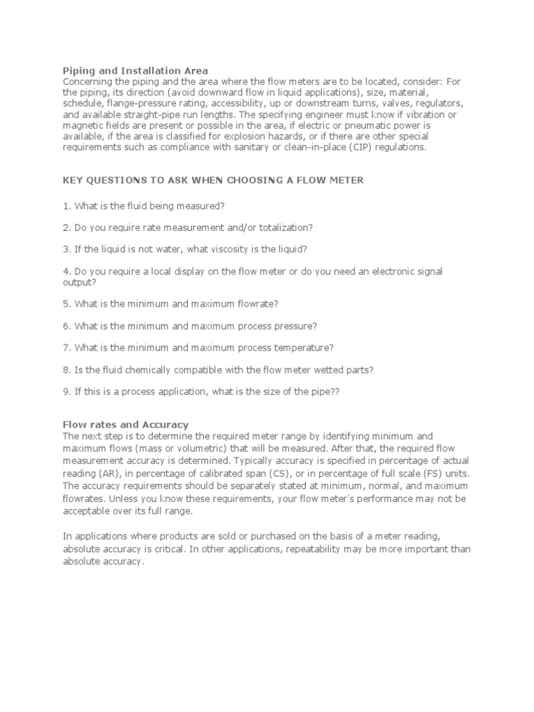 Flow Meter Selection and Installation Guide | PDF | Technology ...