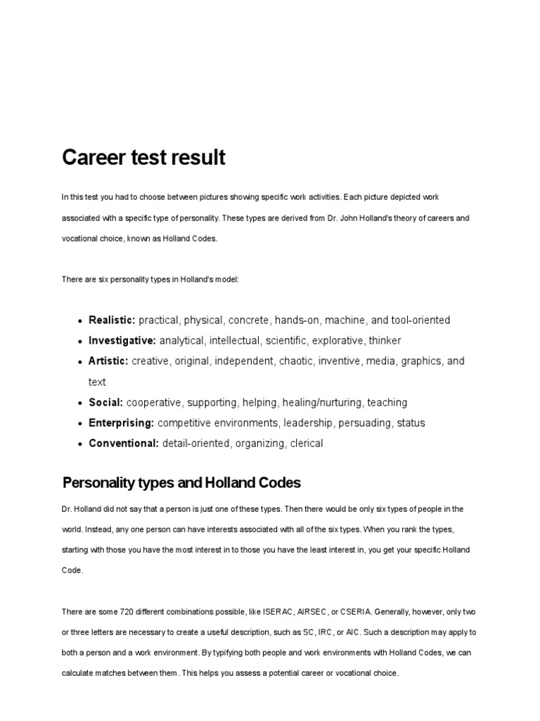 Career Test Result - Free Career Test Taking Online at | PDF ...