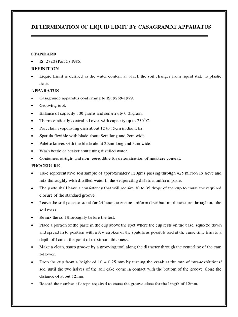 Determination of Liquid Limit by Casagrande Apparatus | PDF