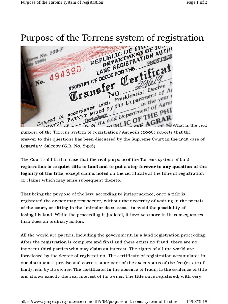 Purpose Of Torren System Pdf Government Justice