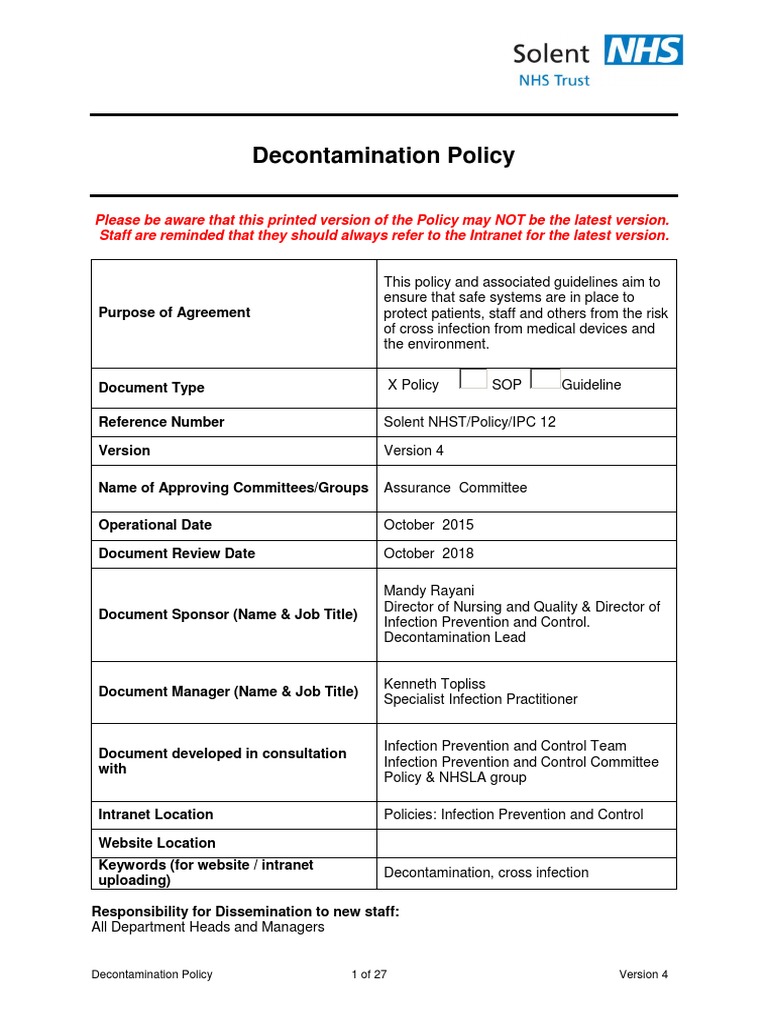 Decontamination Policy | PDF | Disinfectant | Sterilization (Microbiology)