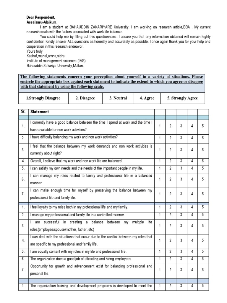 Questionnaire Work Life Balance | PDF | Questionnaire | Applied Psychology